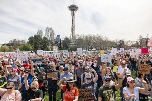 CHS Pics | ‘Hands Off’ Seattle protest gathers below the Space Needle ...